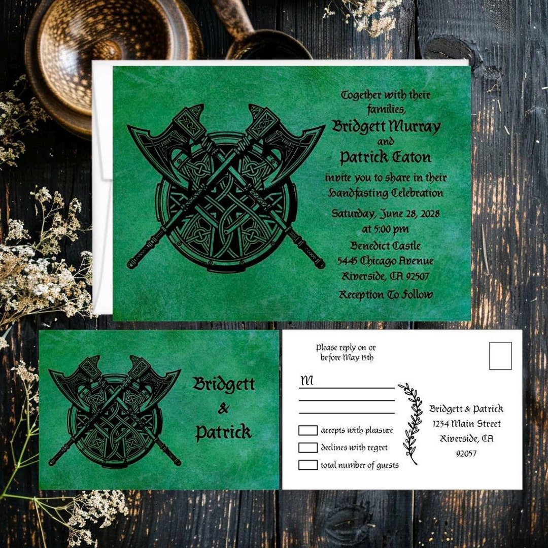 Viking Shield and Axe Wedding Invitation, Medieval Norse Wedding, Green ...