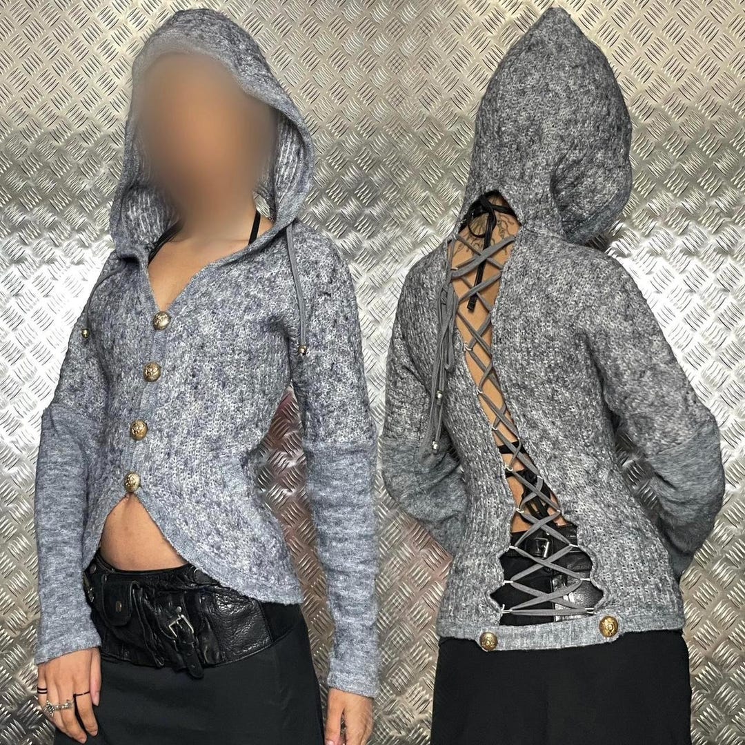 2000s Gray Open-back Lace-up Gyaru Hooded Cardigan by D.I.A - Etsy