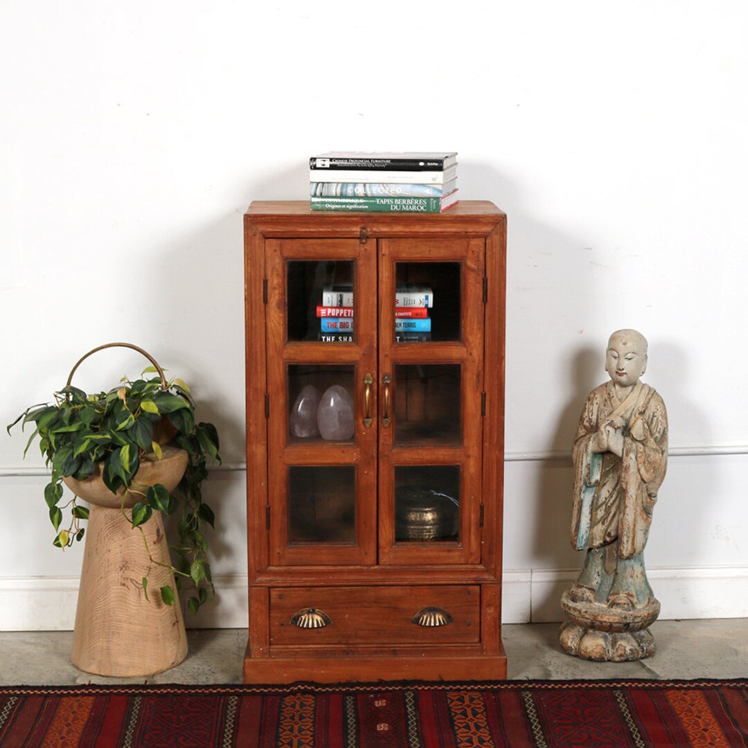 Vintage Indian Teakwood Small Glass Door Almirah/bookcase - Etsy