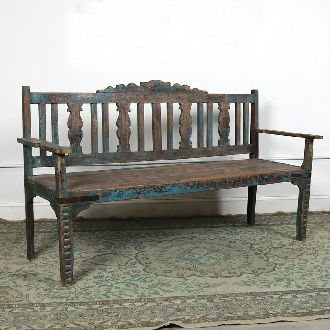 Antique Indian Painted Teakwood Bench - Etsy