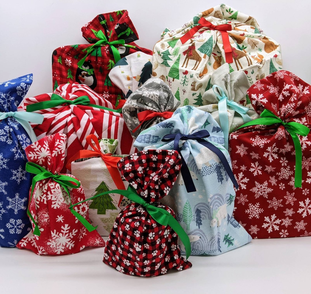 SET OF 12 Reusable Fabric Christmas Gift Bags With Ribbons, Reusable ...