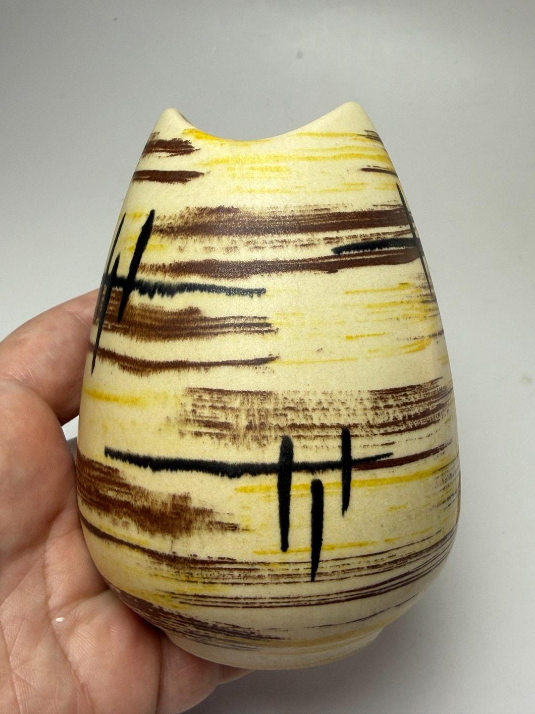 Vintage West German Jasba Keramik 5" Vase Fish Mouth Geometric Scratch ...