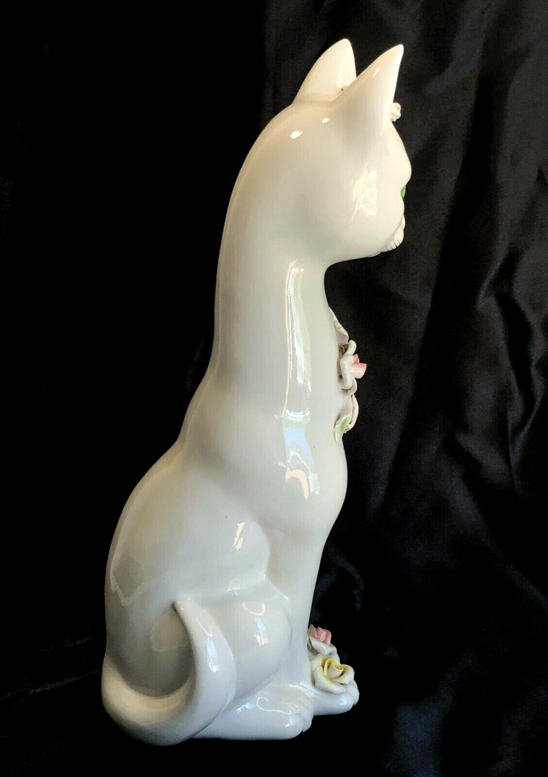 Vintage 14 White Long Neck Cat Kitty Figurine Applied Roses MCM Kitschy ...