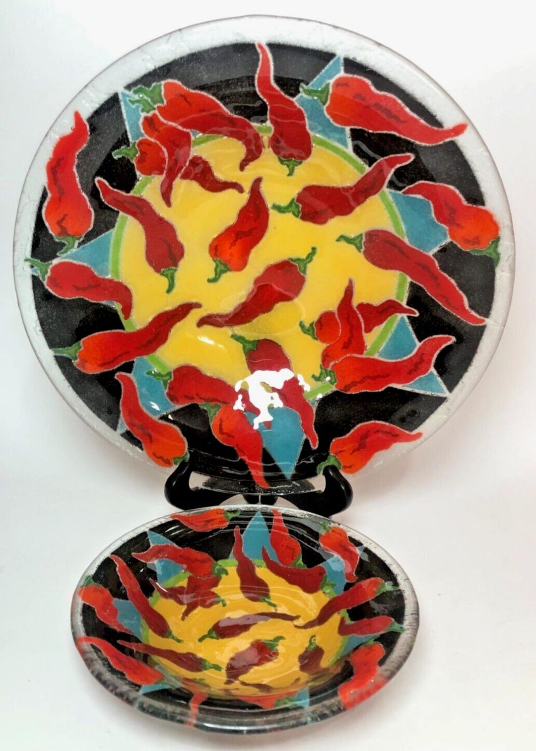 Vintage Peggy Karr Fused Glass Red Hot Chili Peppers Bowls Chip & Dip ...