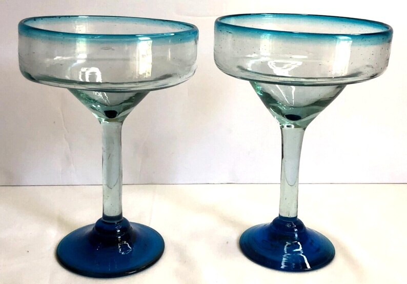 Set of 7 Mexican Hand Blown Margarita Glasses Teal Blue Rim Base ...