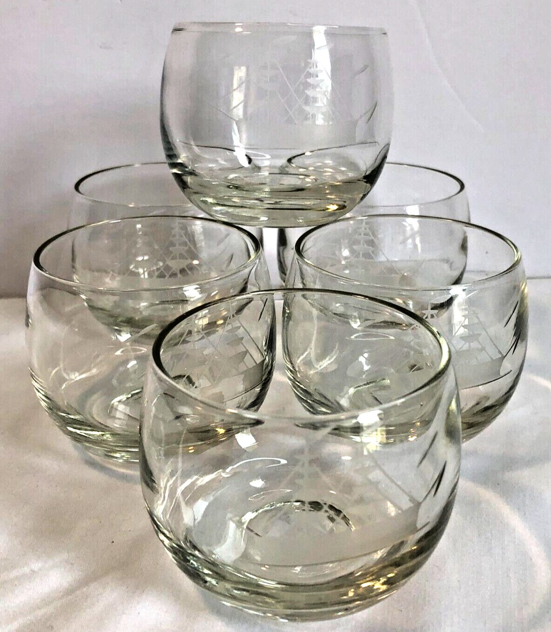 6 Vintage Clipper Ship Collection by JAVIT 2 Roly Poly Clear Cut Glass ...