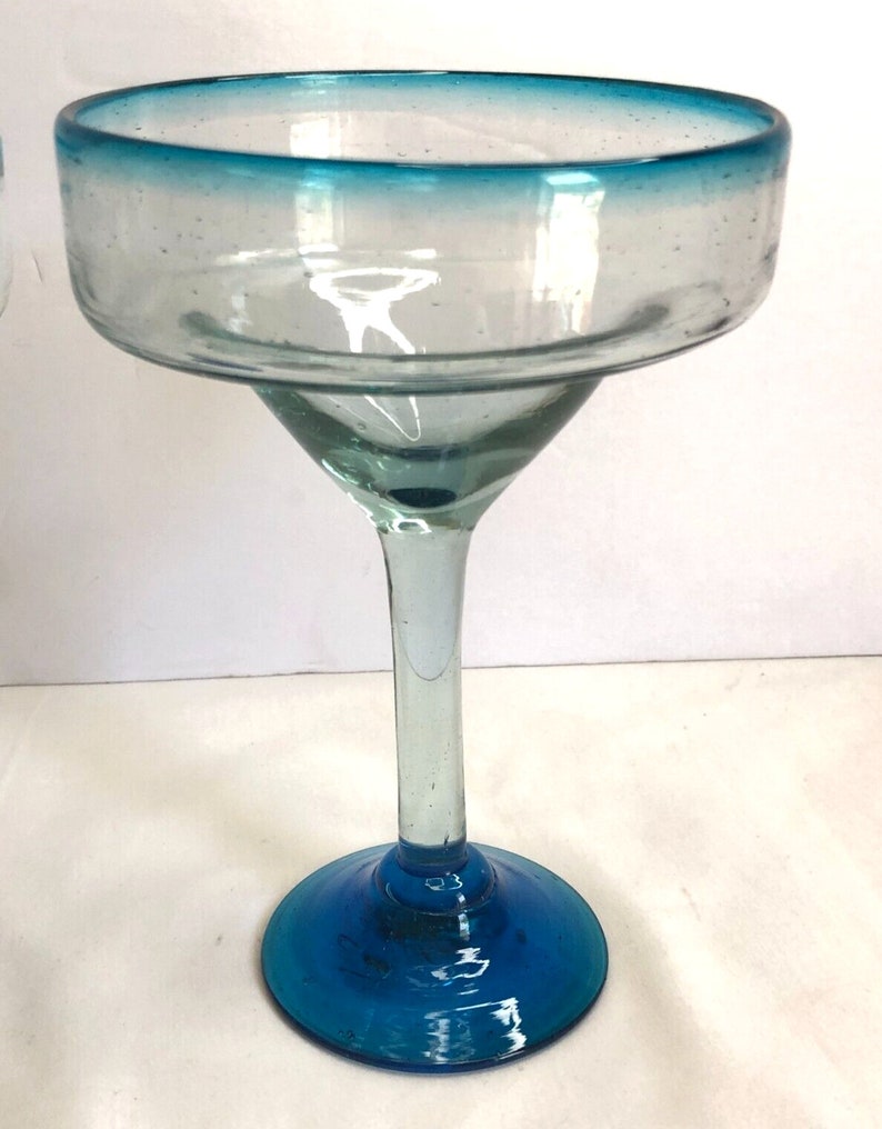 Set of 7 Mexican Hand Blown Margarita Glasses Teal Blue Rim Base ...