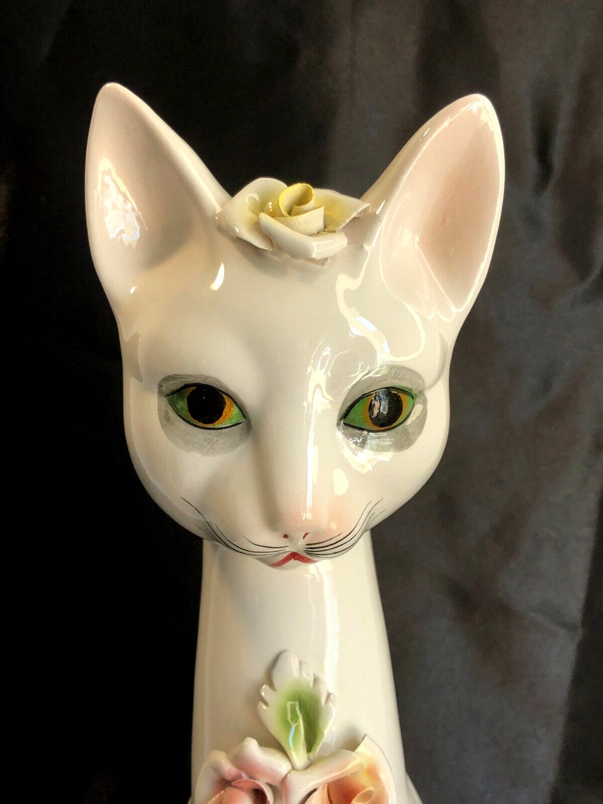 Vintage 14 White Long Neck Cat Kitty Figurine Applied Roses MCM Kitschy ...