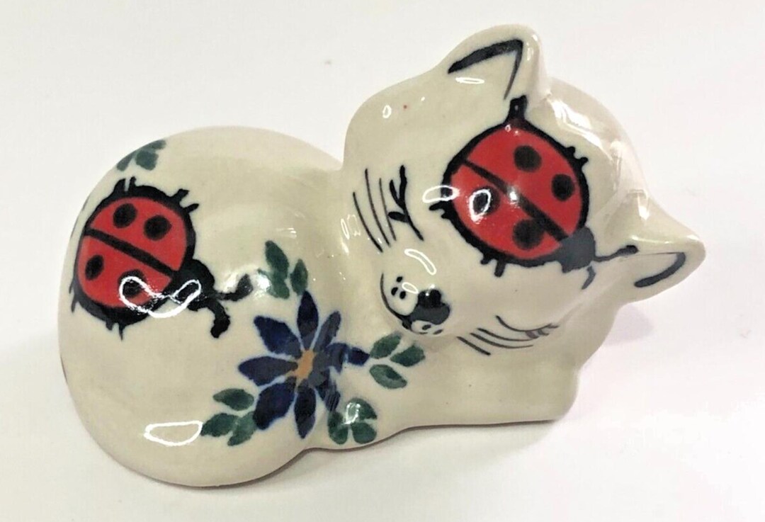 Polish Pottery Sleeping Cat Ladybug Blue Floral Figurine Shelf Sitter ...