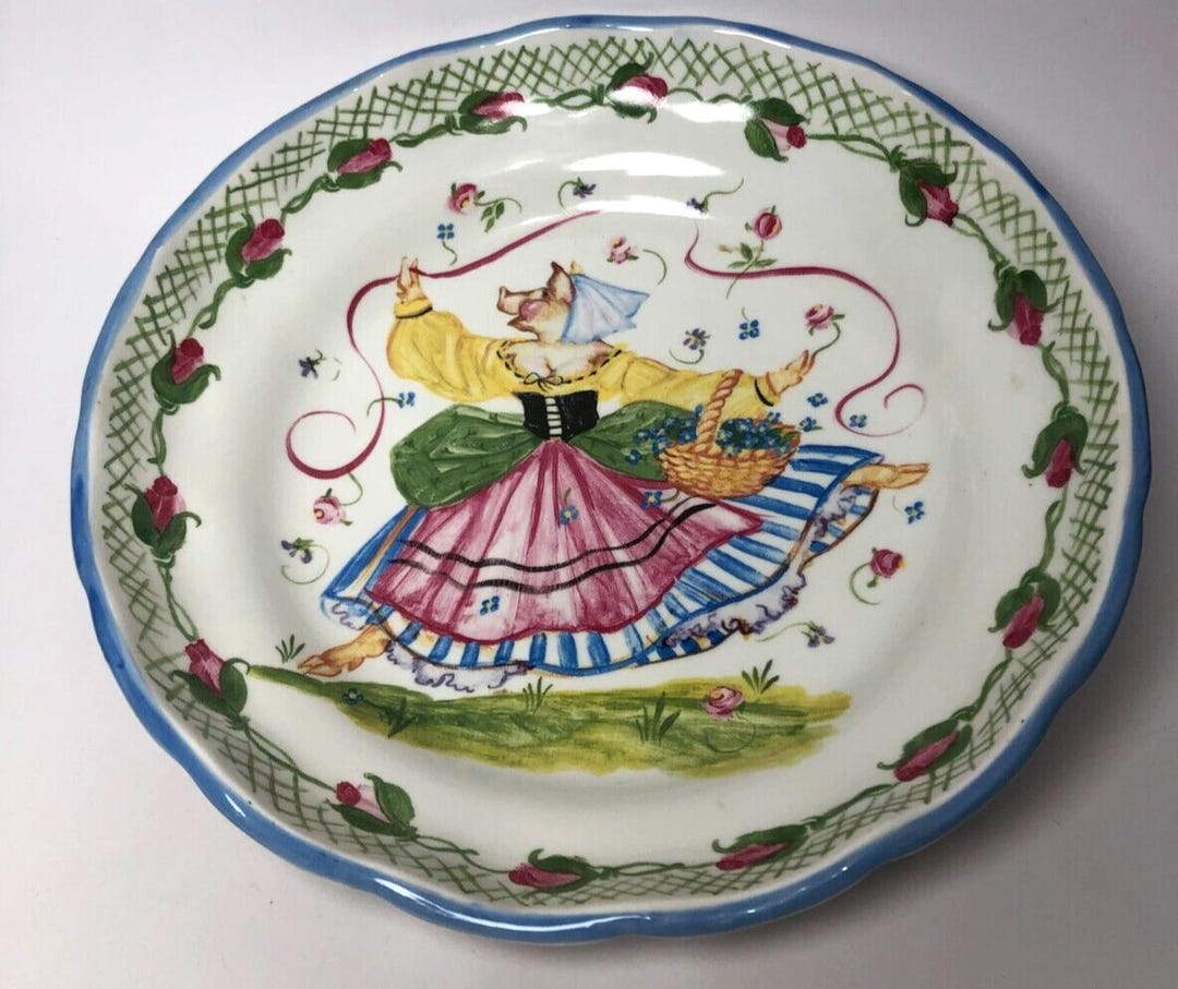 Vintage Pamela Silin-palmer Dancing Pig 10" Serving Bowl Pink Rosebud ...