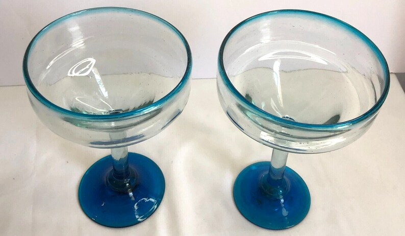 Set of 7 Mexican Hand Blown Margarita Glasses Teal Blue Rim Base ...