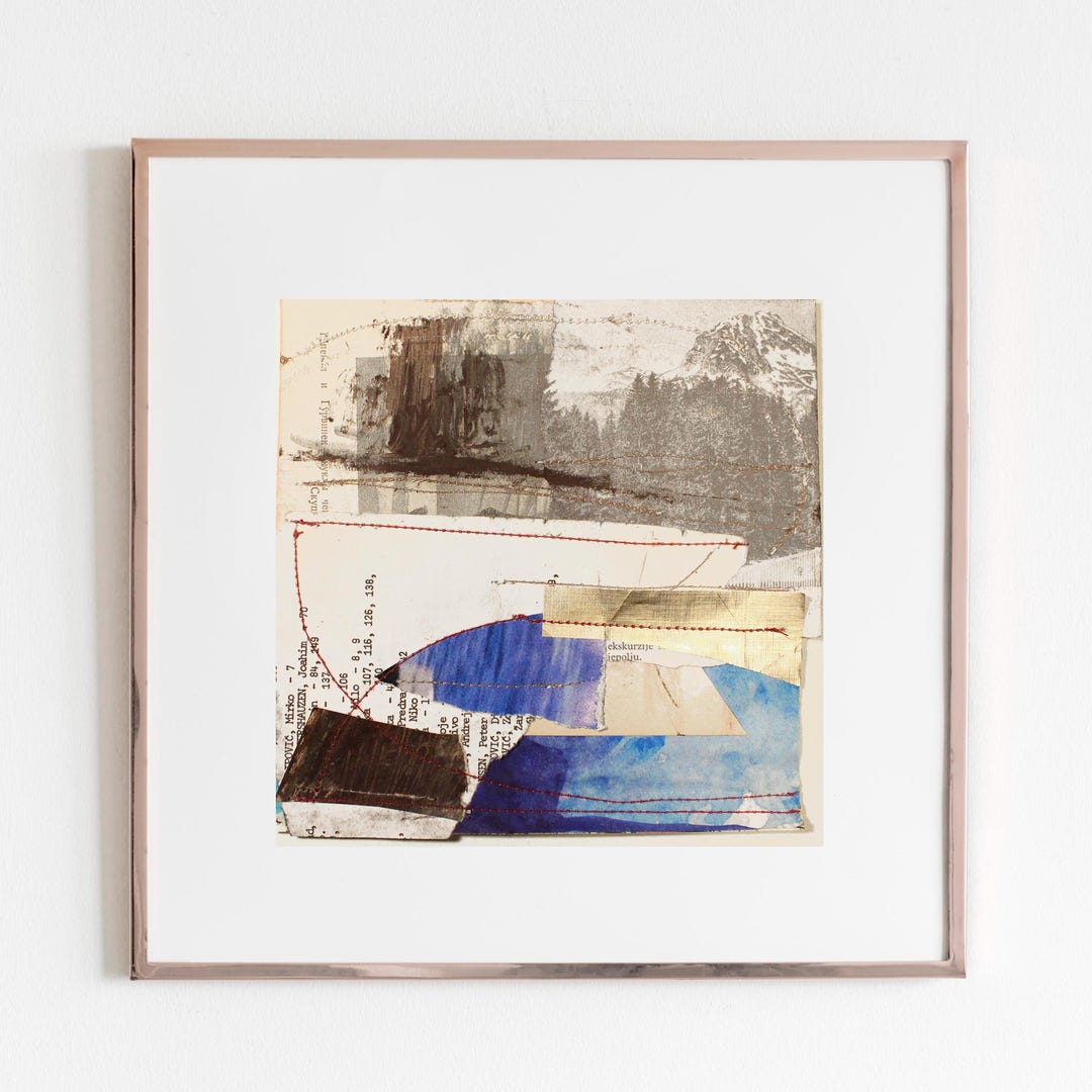 Original Abstract Mixed Media Landscape Art, Collage, Sewing, Gold, Red ...