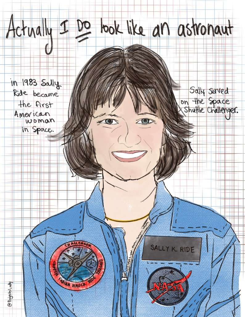 Women in STEM Art Print, Sally Ride Astronaut Portrait, Woman Scientist ...