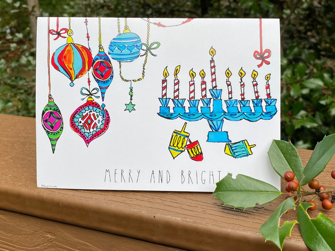 Interfaith Holiday Cards, Merry and Bright, Christmas and Chanukah ...