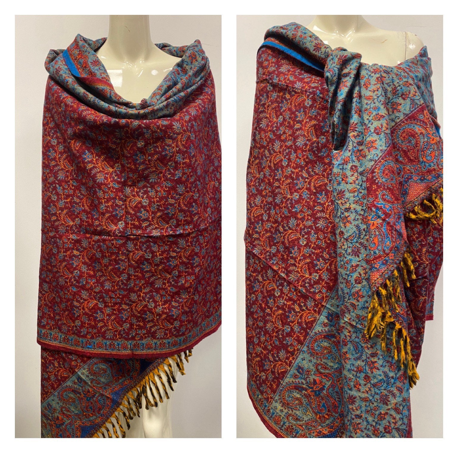 Maroon Blue Yak Wool Scarf With Stunning Floral Design Tibetan Shawl ...