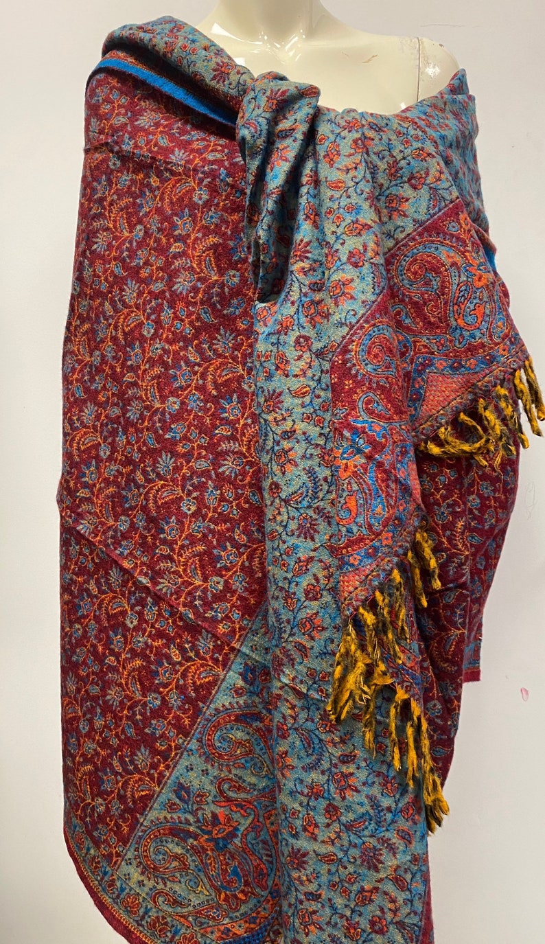 Maroon Blue Yak Wool Scarf With Stunning Floral Design Tibetan - Etsy