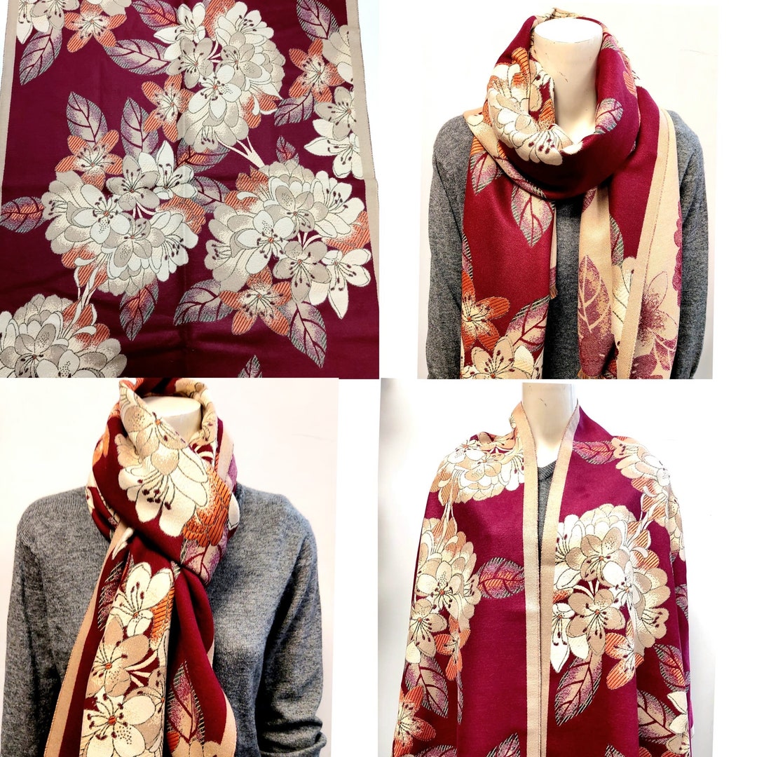 Rose Pink Colour Floral Spring Scarf High-quality Shawl Silk Blend Wrap ...