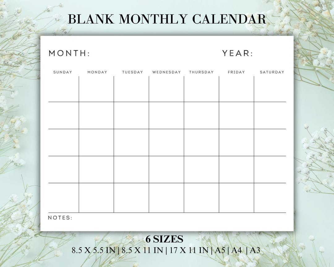 Printable Blank Calendar, Blank Monthly Calendar, A4, 8.5x11 Inc Blank ...