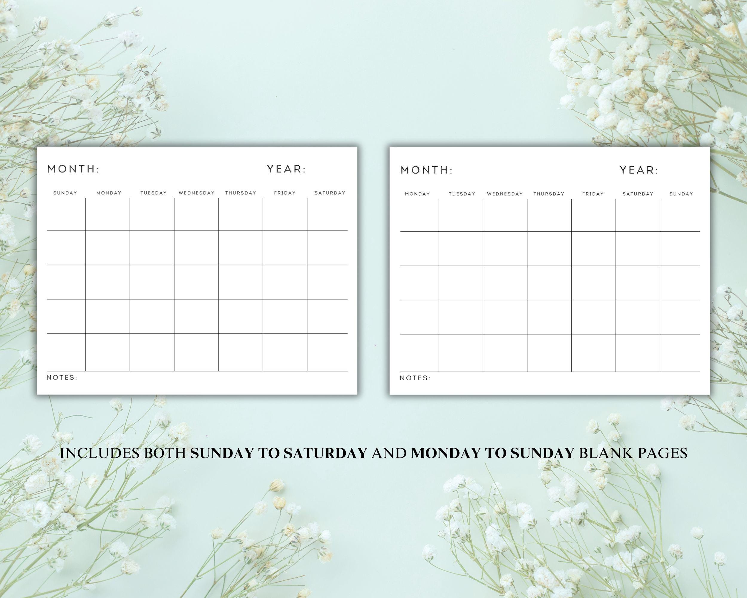Printable Blank Calendar, Blank Monthly Calendar, A4, 8.5x11 Inc Blank Calendar, Reusable ...