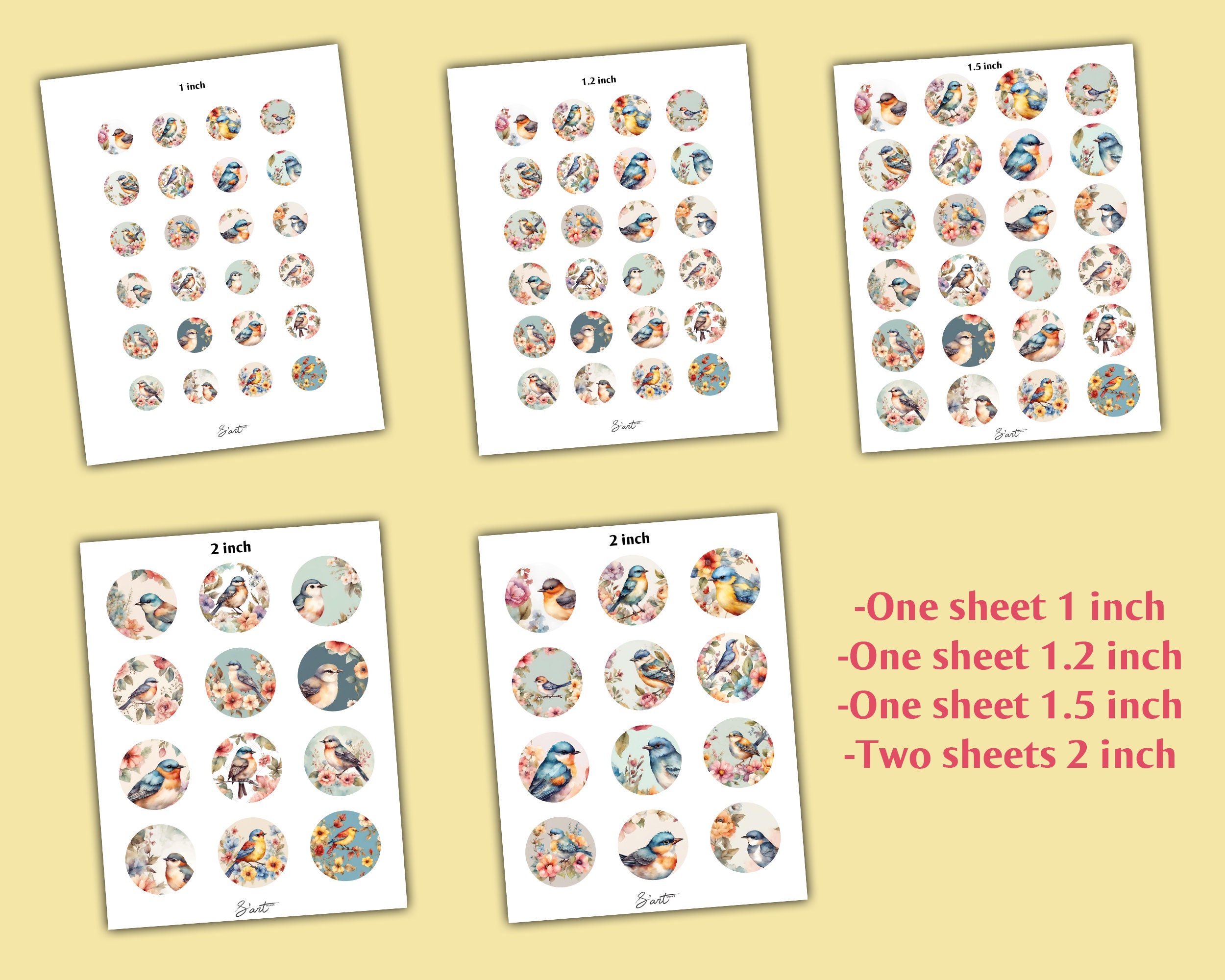 Birds Digital Collage Sheet, Watercolor Bird Circle Images, Vintage ...