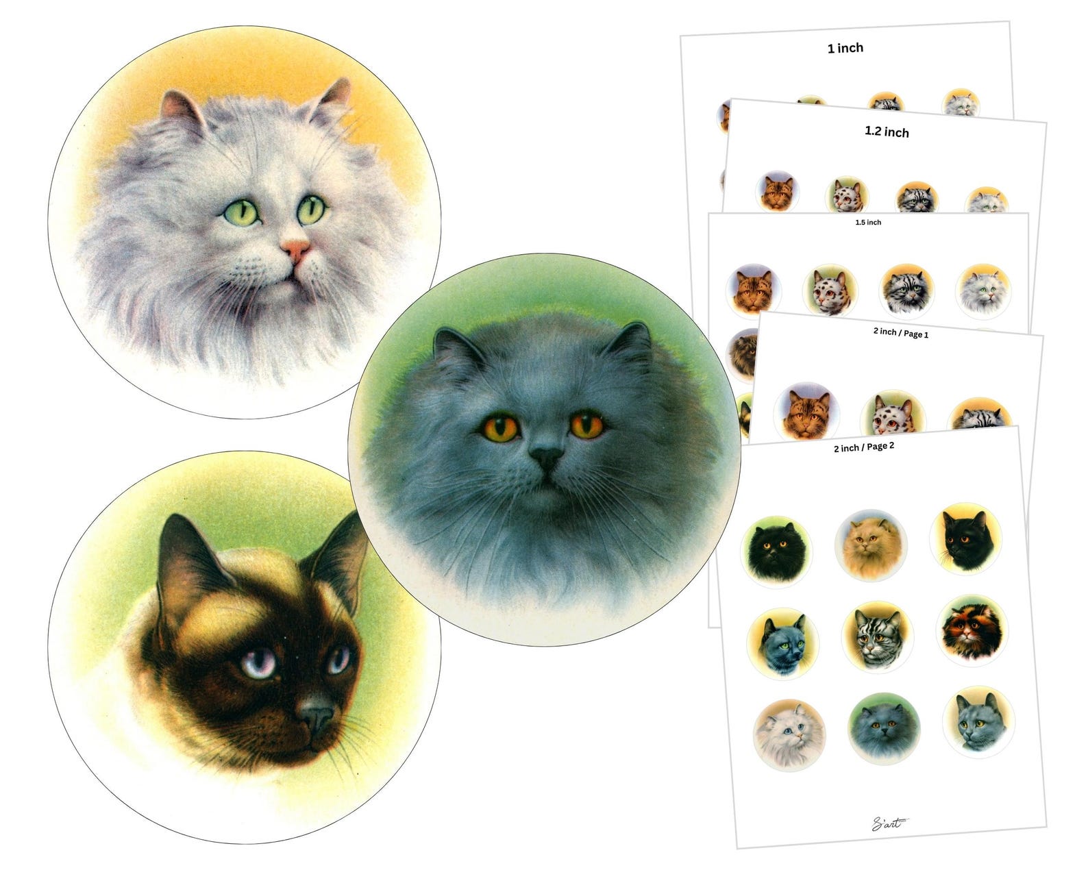 Vintage Cat Circle Images,cat Digital Collage Sheet,victorian Cat,cute ...
