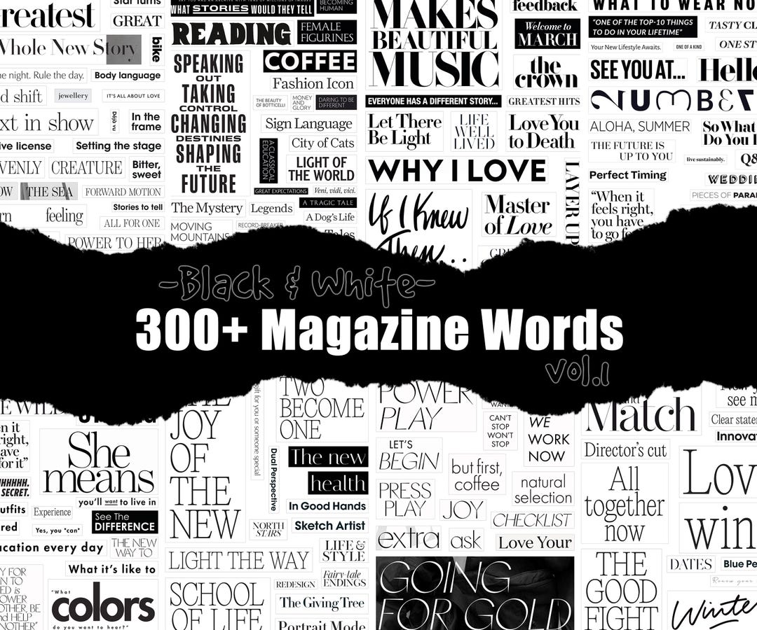 Black and White Magazine Words Printable, Black and White Vision Board ...
