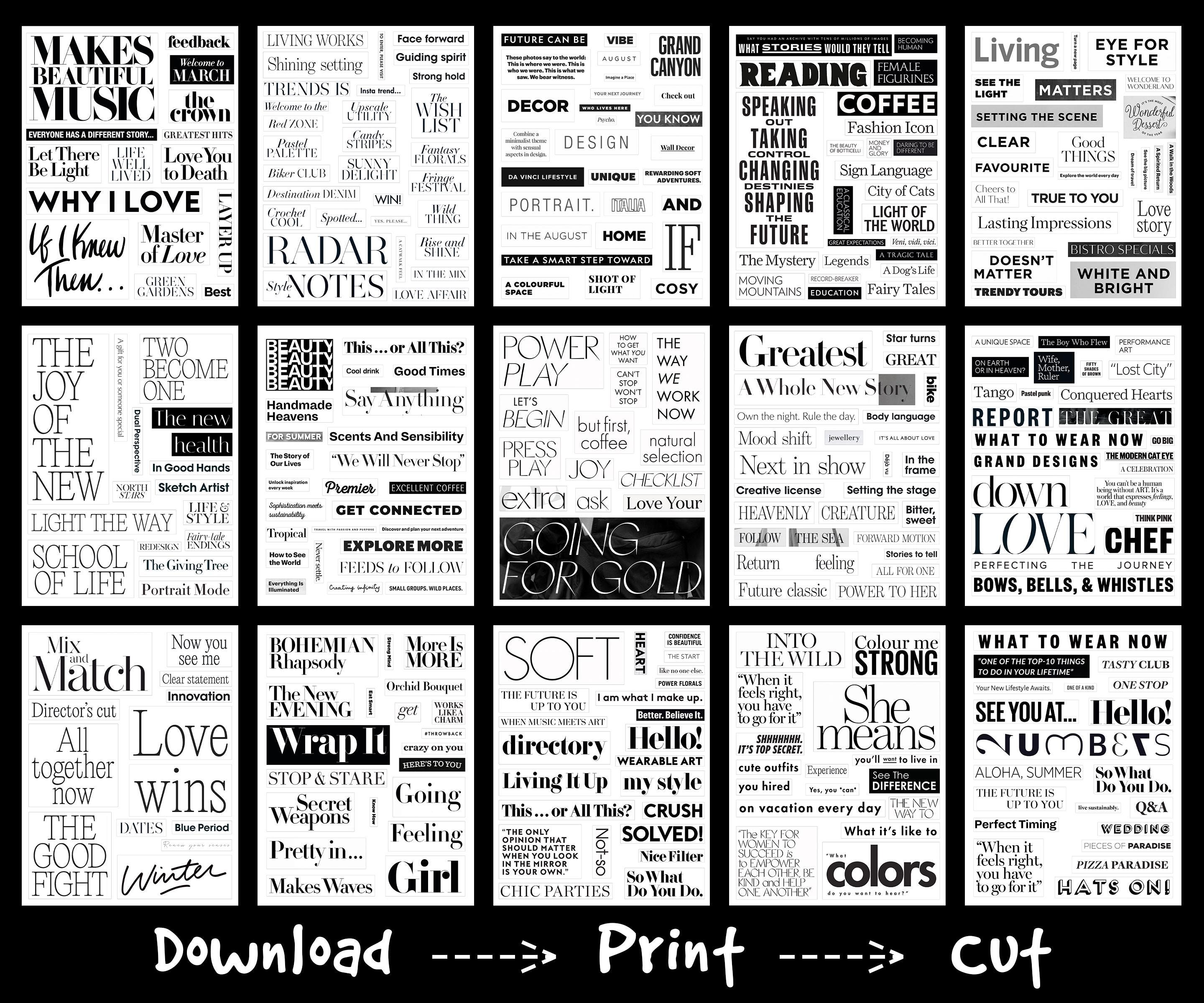 Black and White Magazine Words Printable, Black and White Vision Board ...