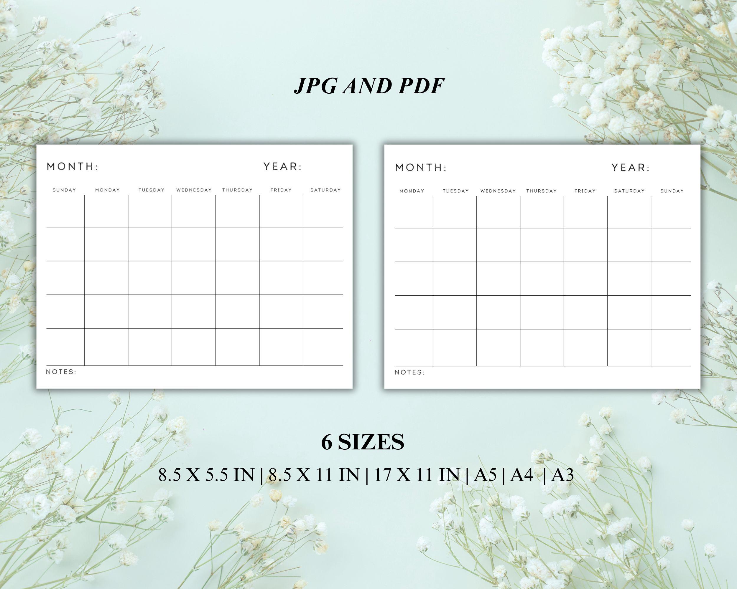 Printable Blank Calendar, Blank Monthly Calendar, A4, 8.5x11 Inc Blank ...