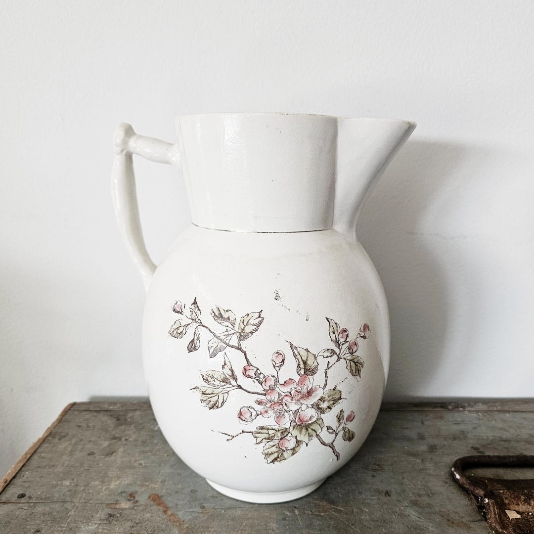 ANTIQUE | Large White Ironstone Cherry Blossom Transferware Pitcher - Etsy