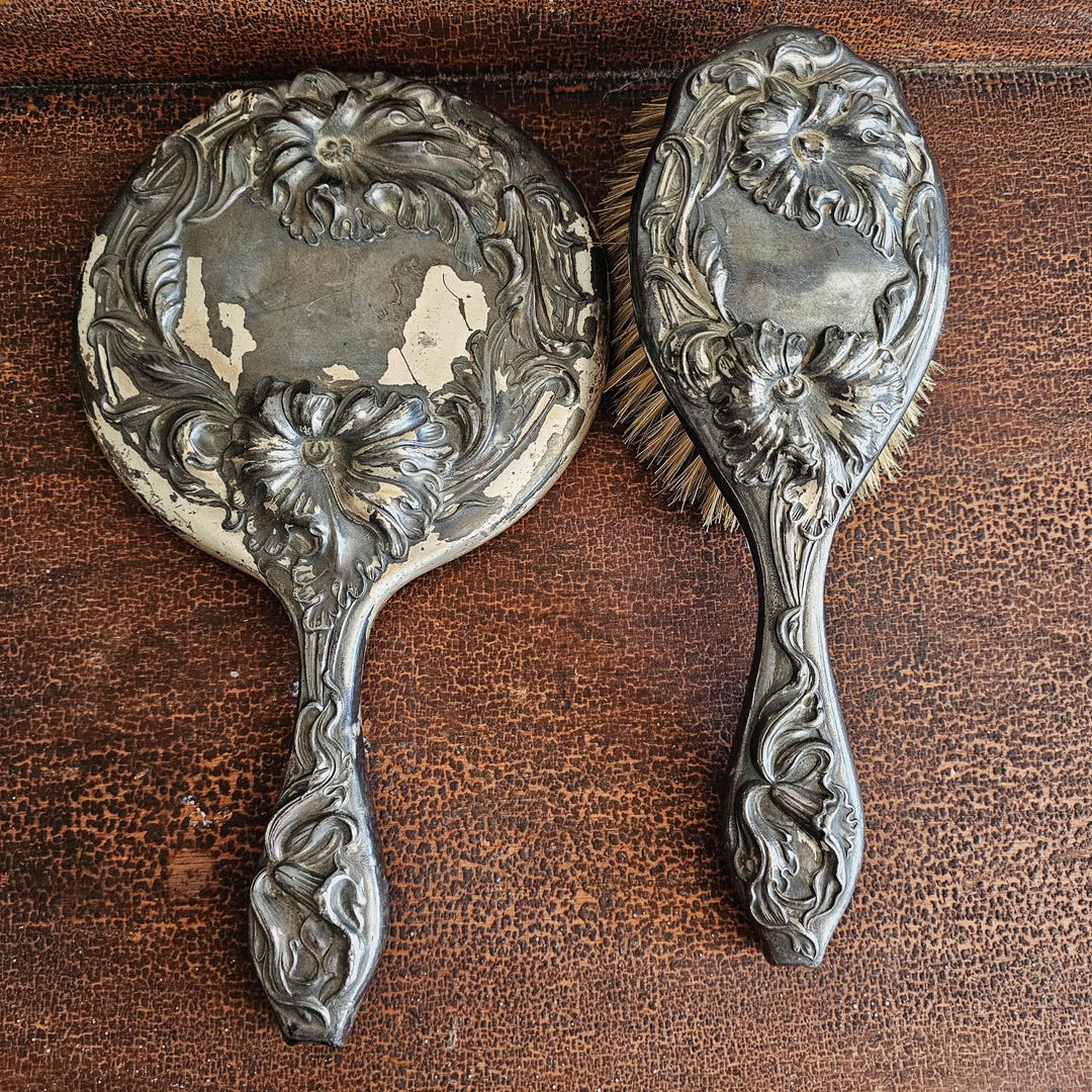 ANTIQUE | Art Nouveau Repoussé Hand Mirror and Hairbrush Set. - Etsy