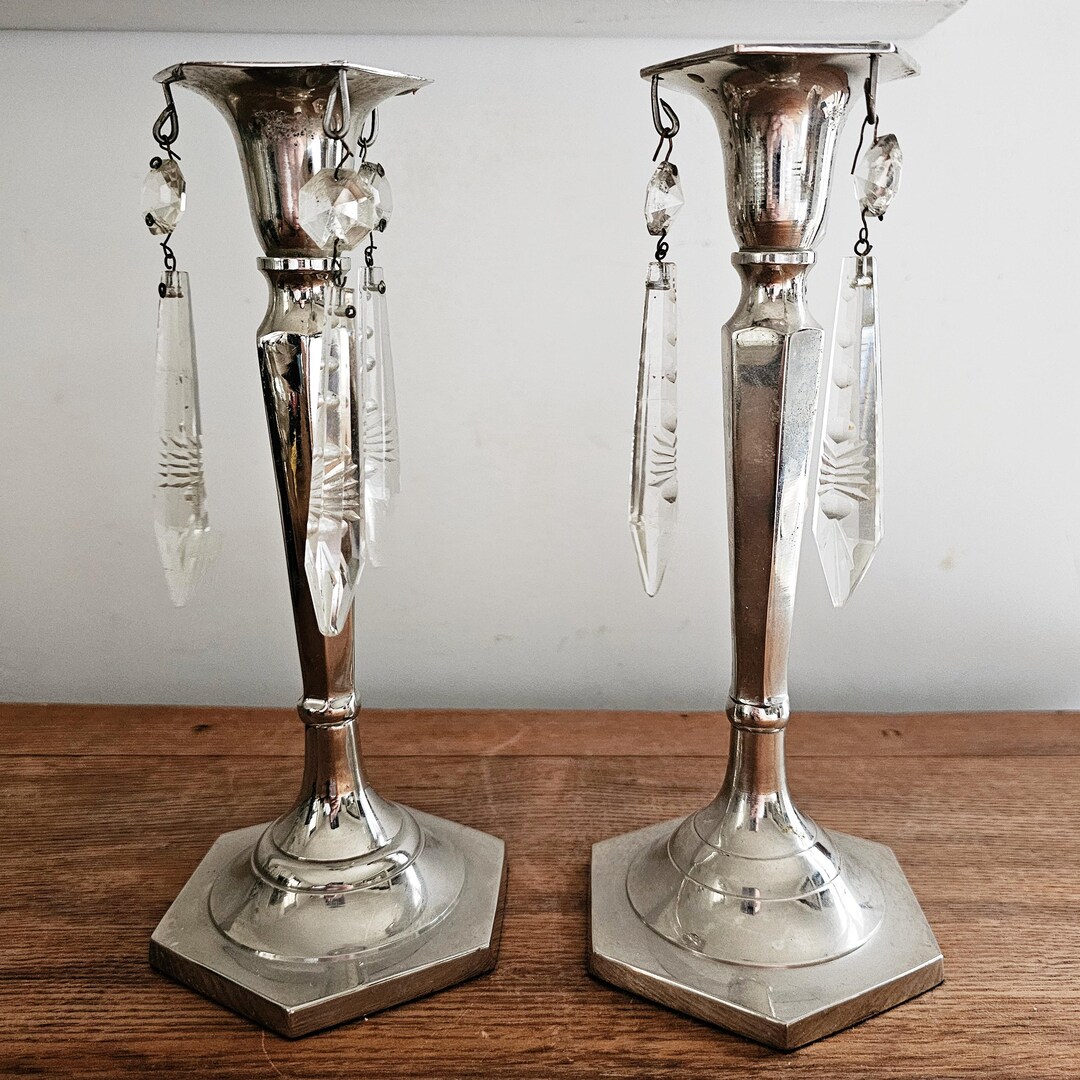 VINTAGE | Metal Candlesticks With Hanging Crystals - Etsy