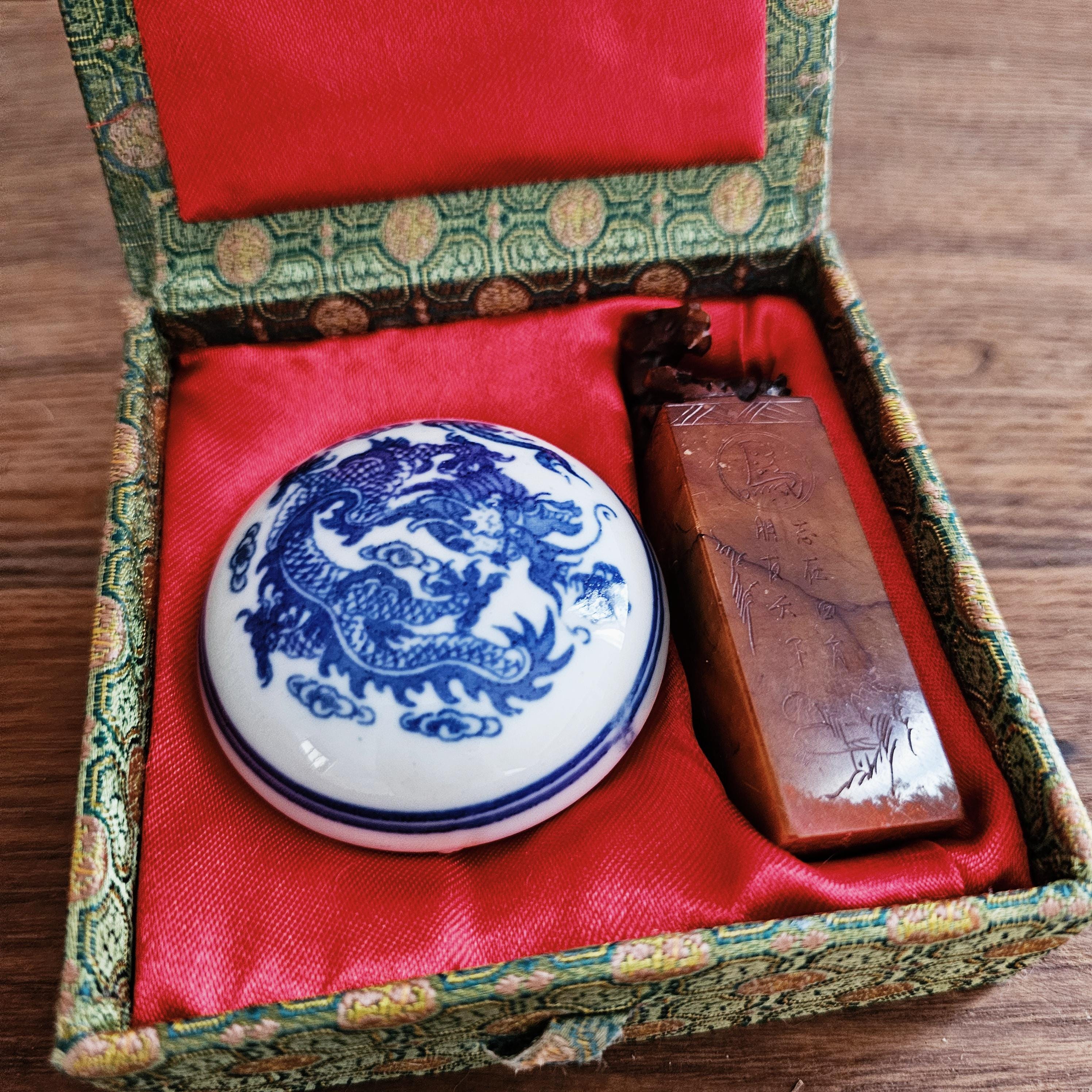 VINTAGE | Chinese "bonnie" Jade Seal Stamp Porcelain Red Ink Set - Etsy