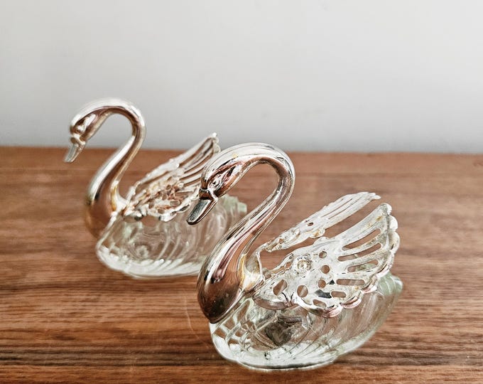 Pair Italy Italian Godinger Crystal Silver Plate Swans Salt N Pepper ...