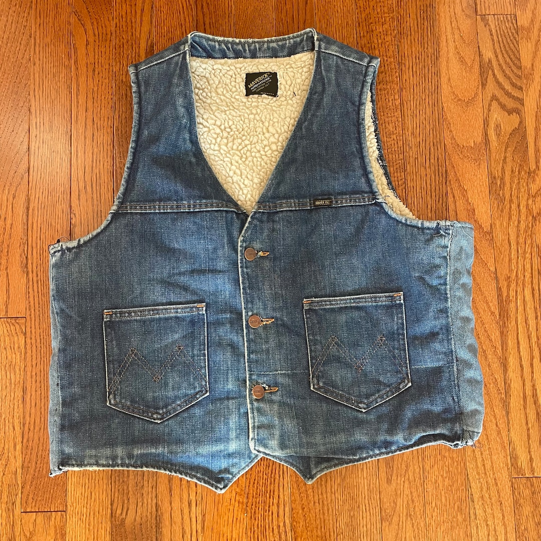 Vintage MAVERICK Blue Sherpa Shearling Jean Denim Vest Men's Made in ...