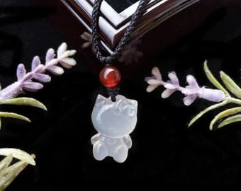 Hello Kitty Jade Necklace Natural Grade A Pendant 16K Gold Plated Chain ...