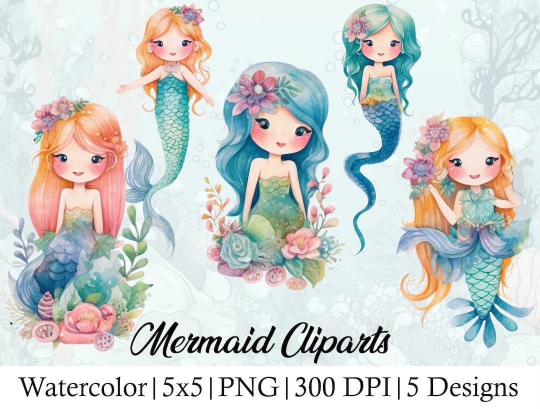 Cute Watercolor Chibi Mermaid Clipart Set for DIY Crafts and - Etsy