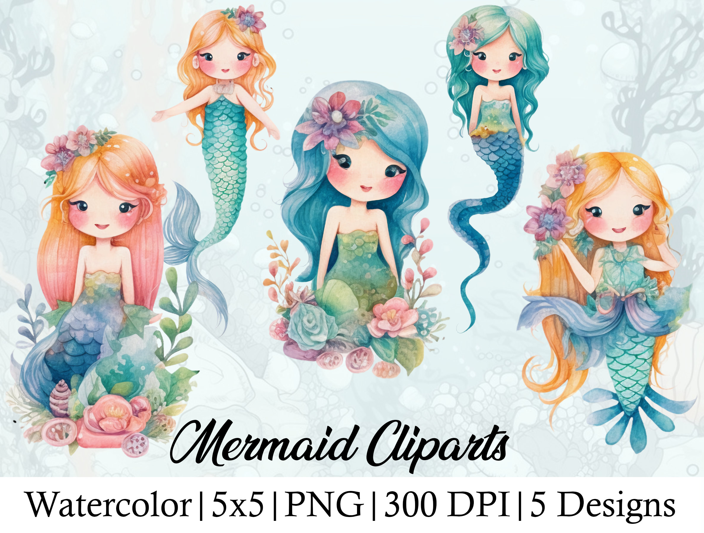 Cute Watercolor Chibi Mermaid Clipart Set for DIY Crafts and - Etsy