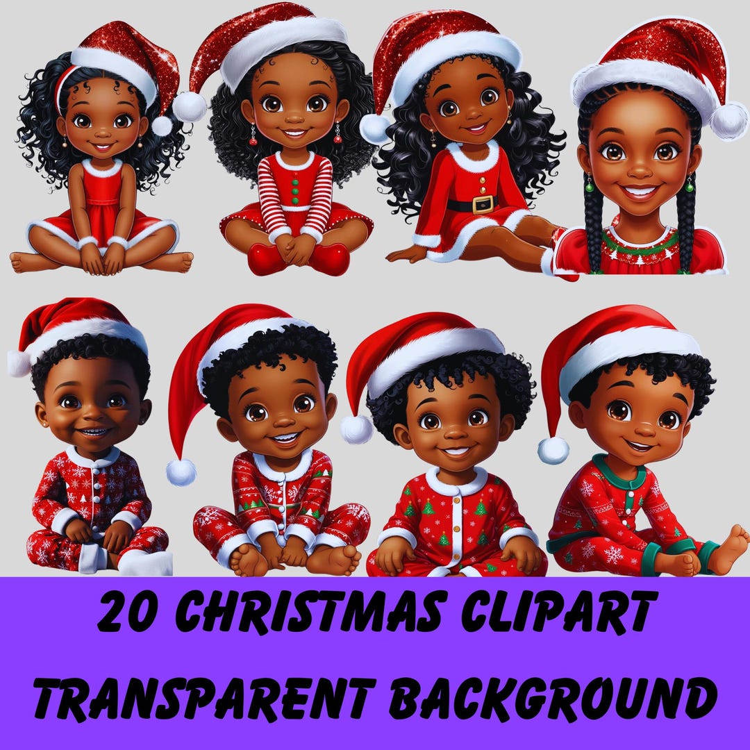 Afro American Kids Christmas Clipart Bundle, PNG Transparent Background ...
