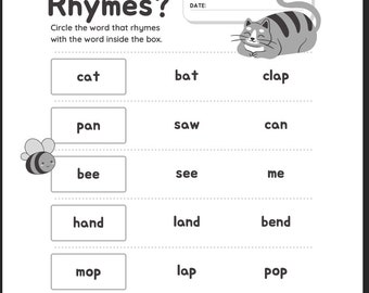 Rhyming Words Matching Worksheet Phonics Game Rhymes - Etsy