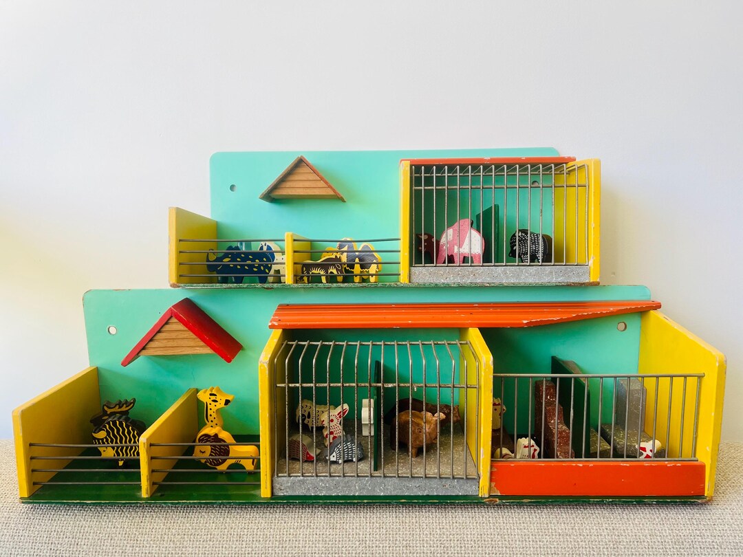 Old Large Danish Hanse Zoo Cages With Wooden Animals / Vintage ...