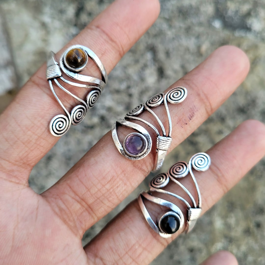 Spiral Boho Rings, Adjustable Gemstone Rings, Silver Tone Rings, Big ...
