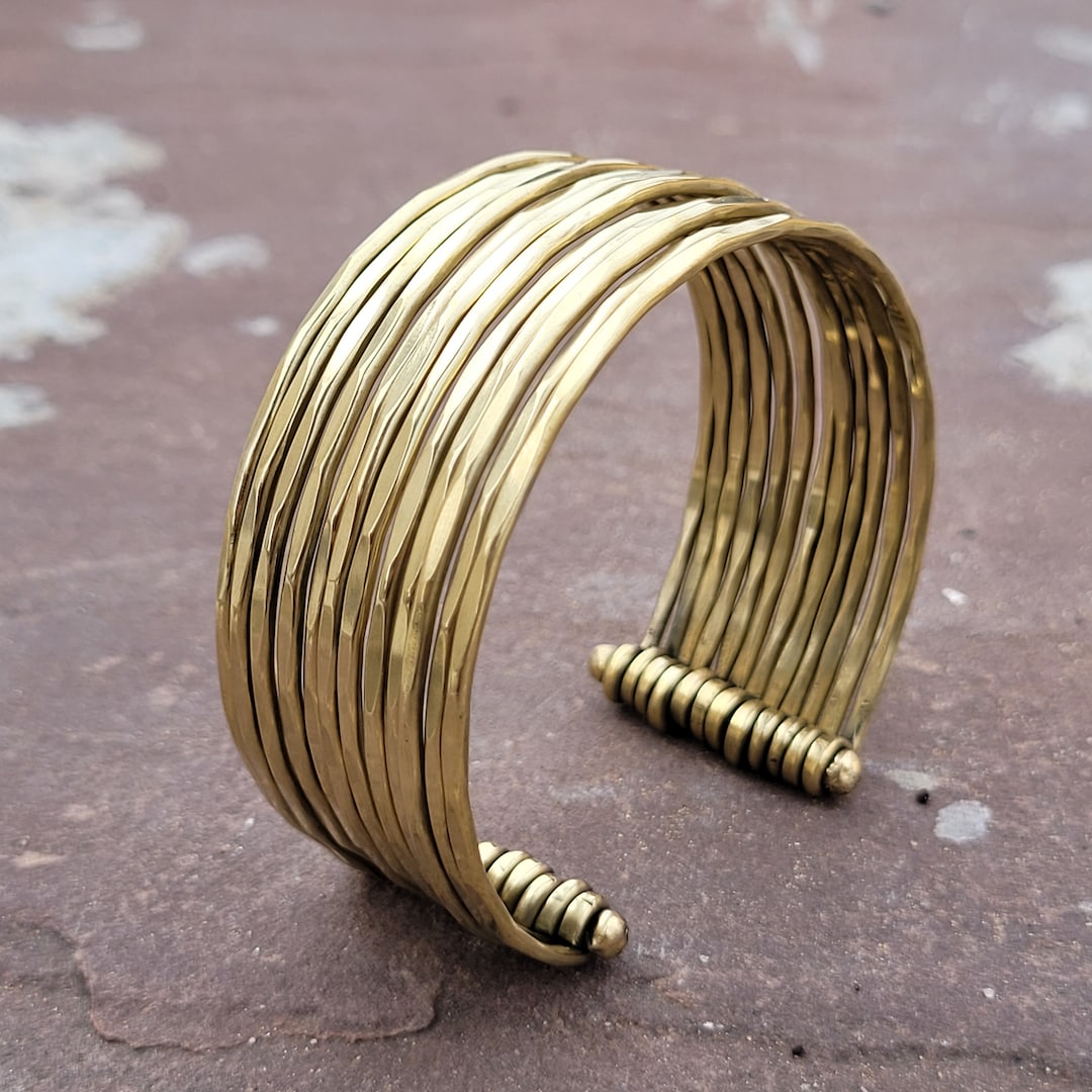 Hammered Gold Tone Cuff Bracelet - Textured Brass Adjustable Bangle ...
