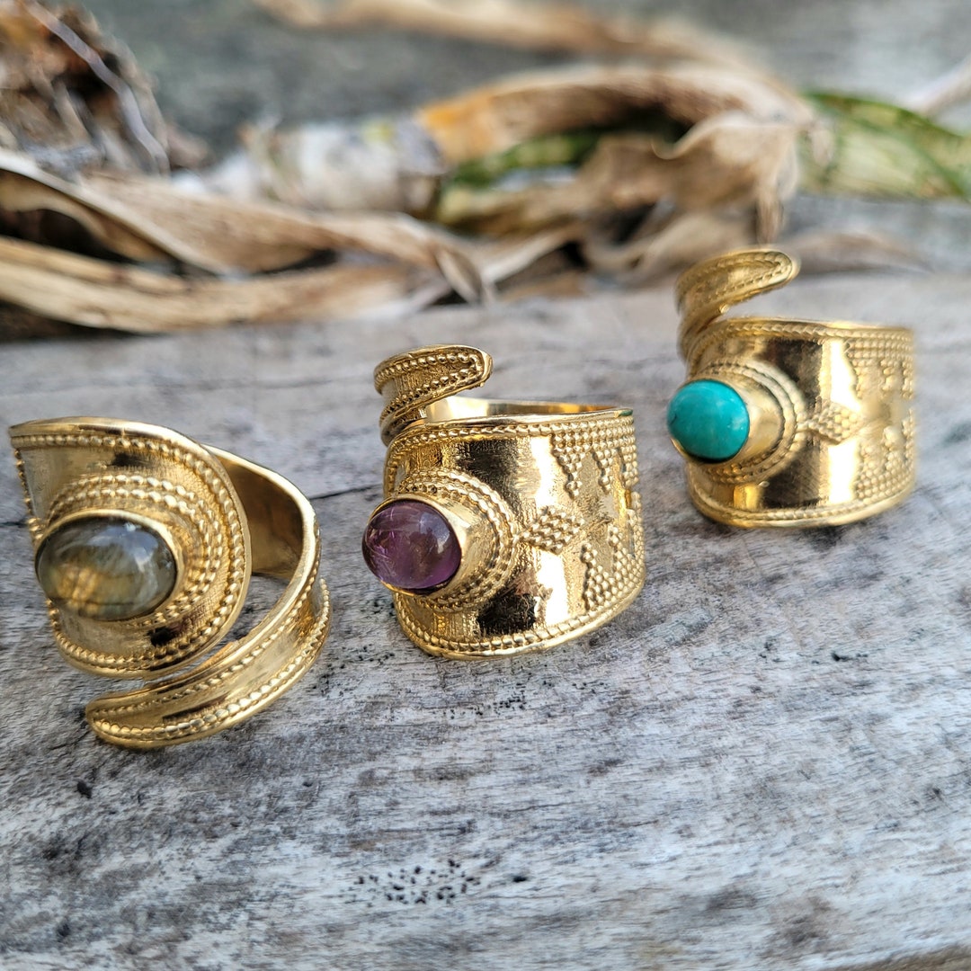 Large Stone Brass Rings, Boho Adjustable Rings, Tribal Style Big Rings ...