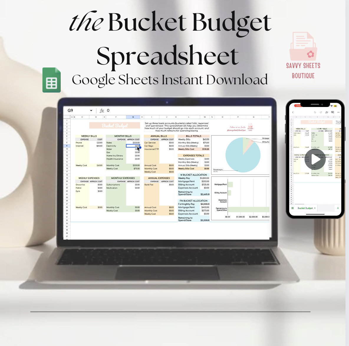 Savvy Sheets - Bucket Budget Spreadsheet - Google Sheets Instant ...