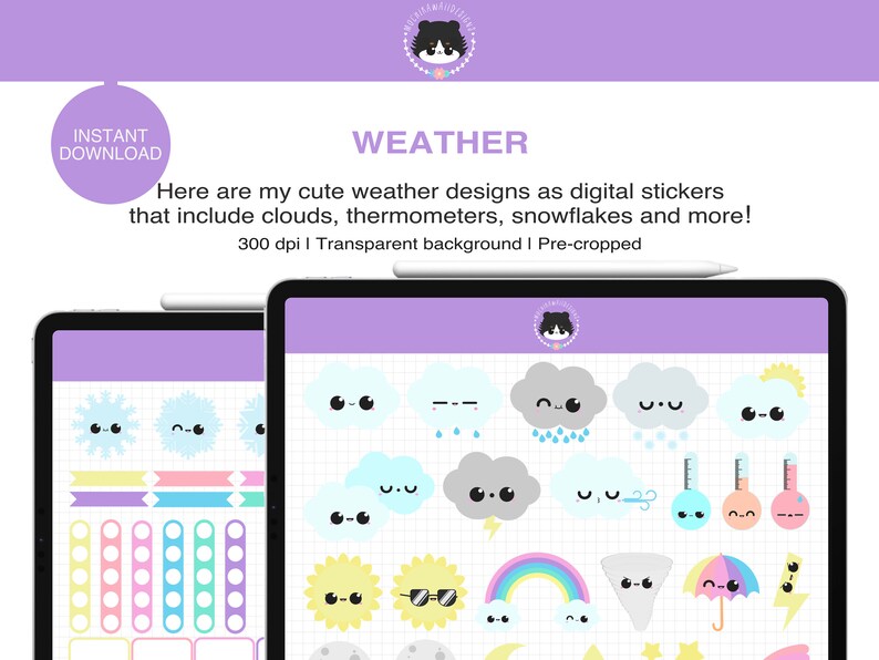 Kawaii Weather Digital Planner Stickers | 60+ Goodnotes Pre-cropped ...