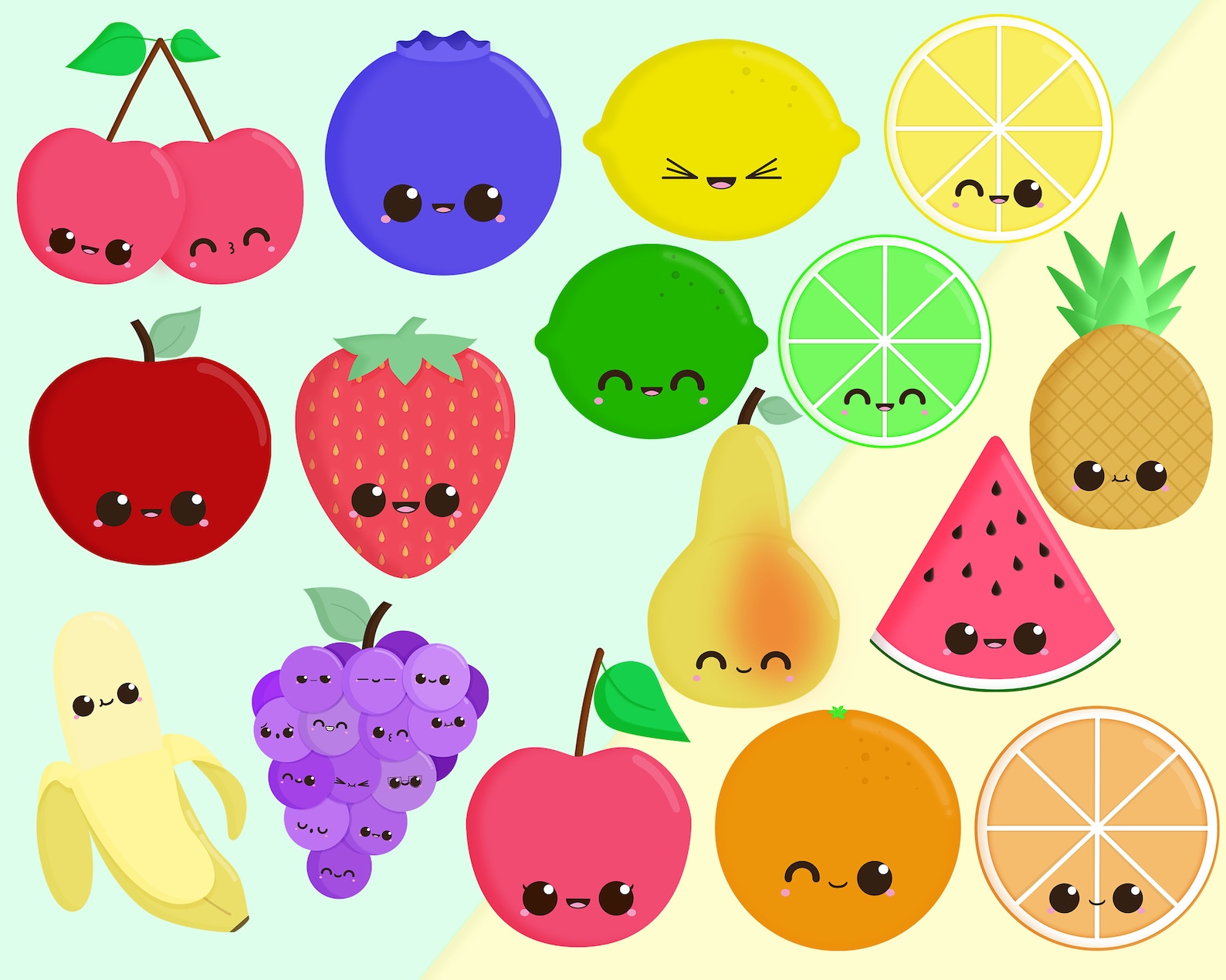 Fruit Clipart | Kawaii Fruit 16 Jpgs & Pngs 300DPI Cute Fruit Clipart ...