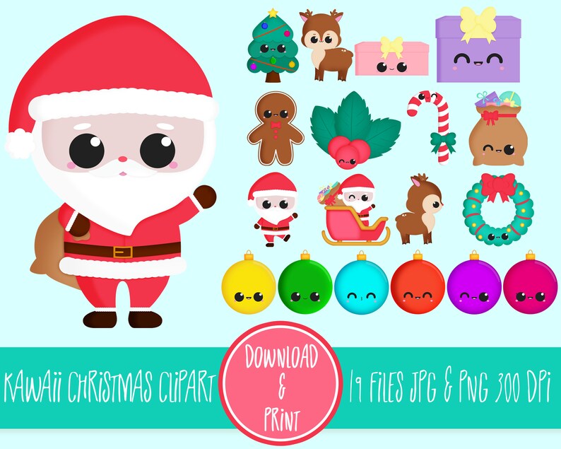 Kawaii Christmas Clipart | 19 Jpgs & Pngs 300DPI Cute Christmas Clipart ...