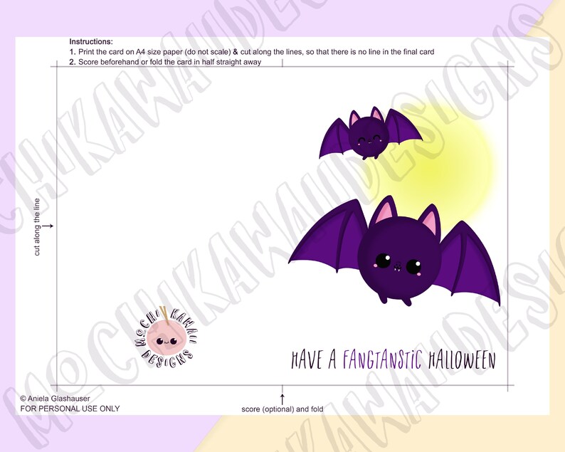Kawaii Bat Printable Halloween Card "fangtastic Halloween" | Kawaii ...