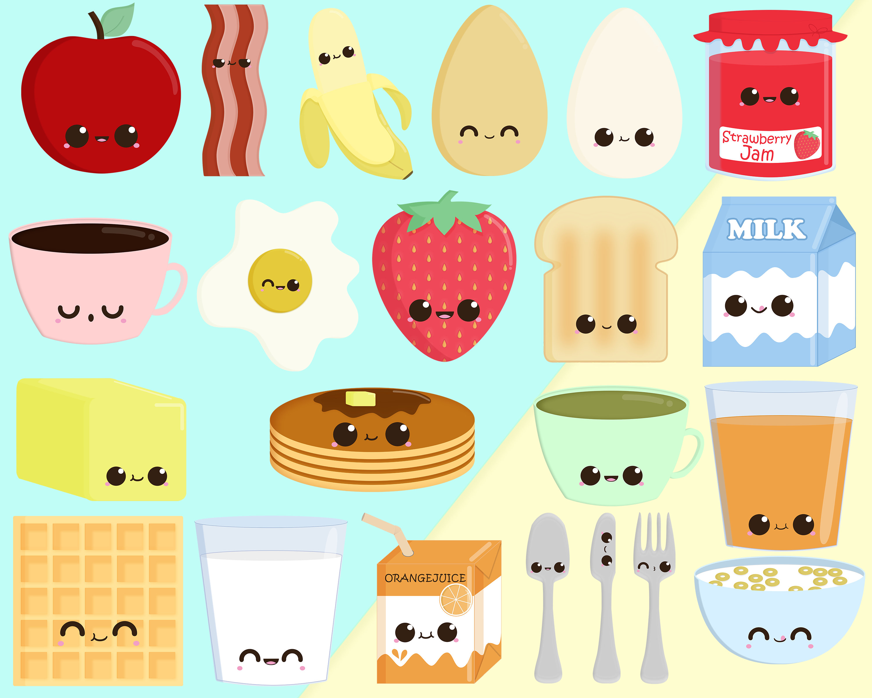 Kawaii Breakfast Clipart | Kawaii Food Clipart Set | 22 Jpgs & Pngs ...