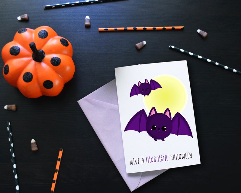 Kawaii Bat Printable Halloween Card "fangtastic Halloween" | Kawaii ...